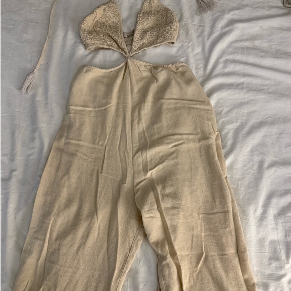 Indah | Pants & Jumpsuits | Indah Beige Wide Leg Halter Jumpsuit | Poshmark